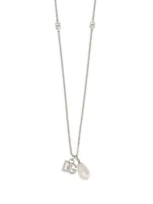 Dolce & Gabbana Logo And Pearl Pendant Necklace - Silver