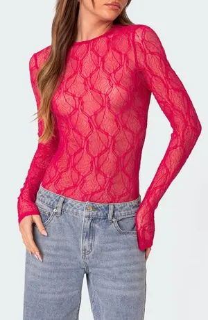 EDIKTED Lina Sheer Lace Long Sleeve Bodysuit