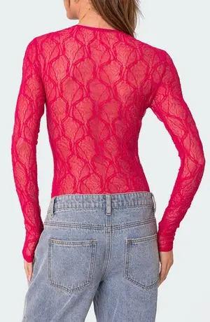 EDIKTED Lina Sheer Lace Long Sleeve Bodysuit