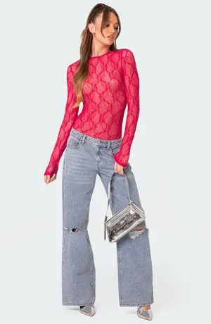 EDIKTED Lina Sheer Lace Long Sleeve Bodysuit
