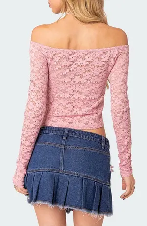 EDIKTED Carolina Lace Off The Shoulder Top - Pink