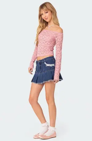 EDIKTED Carolina Lace Off The Shoulder Top - Pink