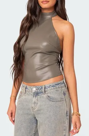EDIKTED Sienna Faux Leather Halter Top