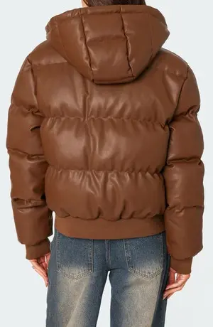 EDIKTED Faux Leather Hooded Puffer Jacket