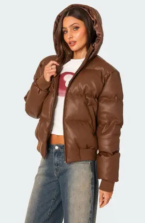 EDIKTED Faux Leather Hooded Puffer Jacket