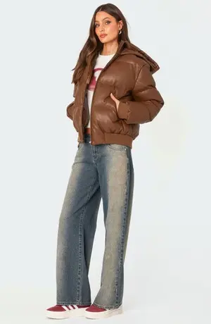 EDIKTED Faux Leather Hooded Puffer Jacket