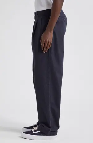 NOAH Double Pleat Cotton Herringbone Trousers - Navy