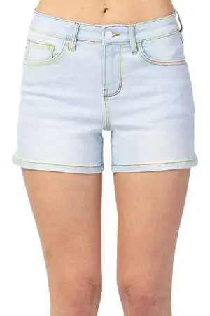 JUDY BLUE Rainbow Thread Mid Rise Short In Light - Blue