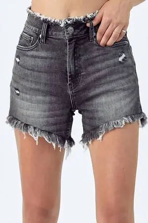 RISEN Leigh High Rise Frayed Denim Short In Washed Black - Grey