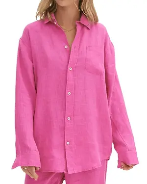 Desmond & Dempsey Linen Lounge Shirt - Cerise