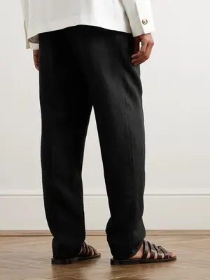 Brunello Cucinelli Straight-leg Pleated Linen-twill Drawstring Trousers - Black