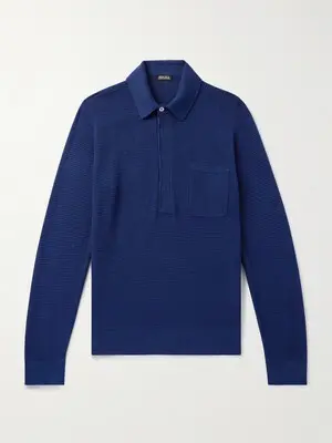 Zegna Textured Cotton And Mulberry Silk-blend Polo Shirt - Blue