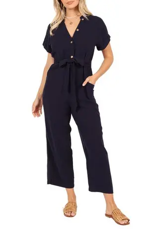 PETAL & PUP Archie Tie Waist Linen Jumpsuit - Navy