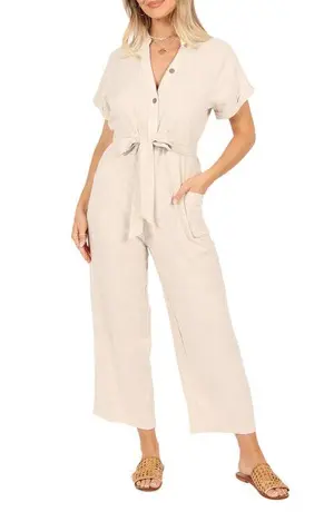 PETAL & PUP Petal & Pup Archie Tie Waist Linen Jumpsuit Oat