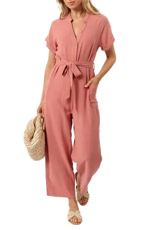 PETAL & PUP Petal & Pup Archie Tie Waist Linen Jumpsuit Pink