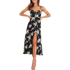 PETAL & PUP Meg Floral Print Bustier Dress - Black