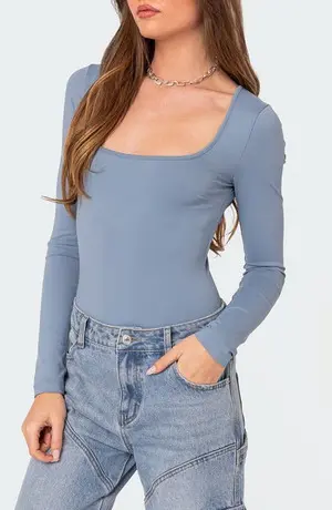 EDIKTED Joanna Square Neck Bodysuit - Light-blue