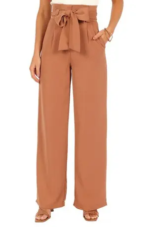 PETAL & PUP Kieran Tie Waist Wide Leg Pants - Tan