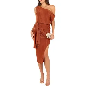 PETAL & PUP Santiago Metallic One-shoulder Midi Dress - Bronze