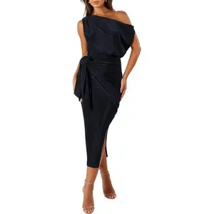 PETAL & PUP Petal & Pup Santiago Metallic One-shoulder Midi Dress Navy