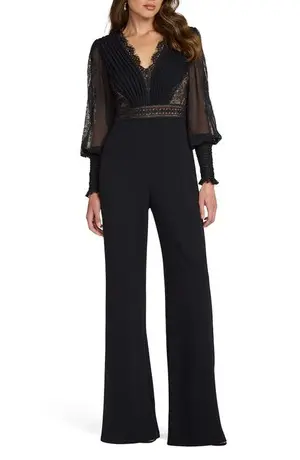 Tadashi Shoji Pintuck Pleat Long Sleeve Jumpsuit - Black/nude