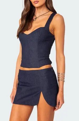 EDIKTED Jemma Lace-up Denim Corset Crop Top - Dark-blue