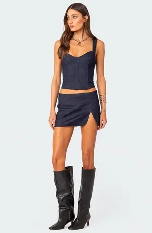 EDIKTED Jemma Lace-up Denim Corset Crop Top - Dark-blue