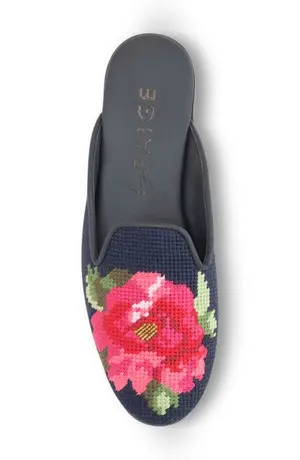BYPAIGE Floral Needlepoint Mule - Navy
