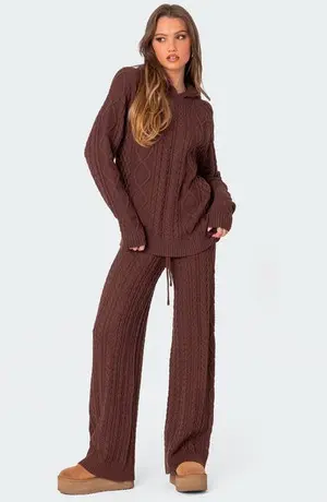 EDIKTED Cable Knit Hoodie - Brown