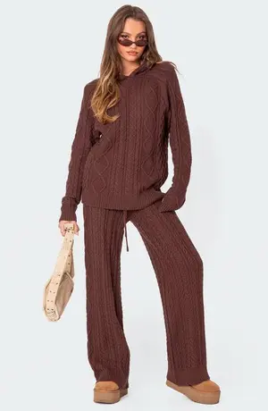 EDIKTED Cable Knit Hoodie - Brown