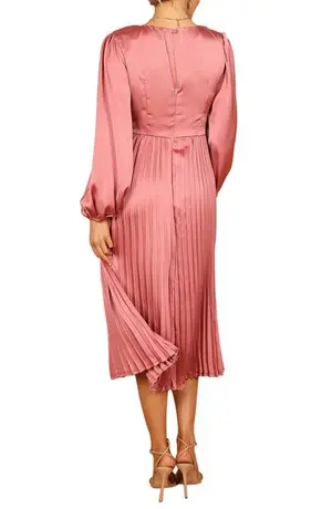 PETAL & PUP Noelle Long Sleeve Pleated Satin Midi Dress