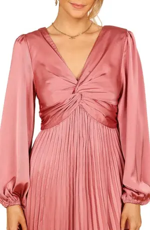 PETAL & PUP Noelle Long Sleeve Pleated Satin Midi Dress