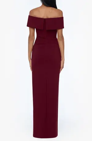 XSCAPE EVENINGS Ruched Off-the-shoulder Crepe Gown - Burgundy