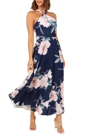 PETAL & PUP Miara Floral Print Halter Dress - Navy