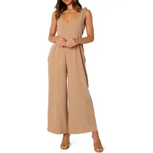 PETAL & PUP Ayla Tie Shoulder Linen Jumpsuit - Mocha