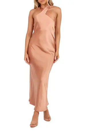 PETAL & PUP Petal & Pup Grasie Stretch Satin Halter Dress Bronze