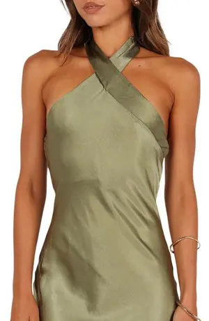 PETAL & PUP Grasie Stretch Satin Halter Dress - Olive