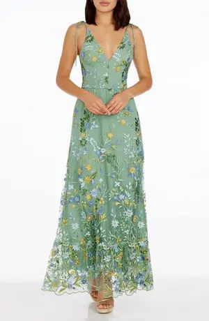 Dress The Population Sunny Embroidered Floral A-line Gown - Sage Multi