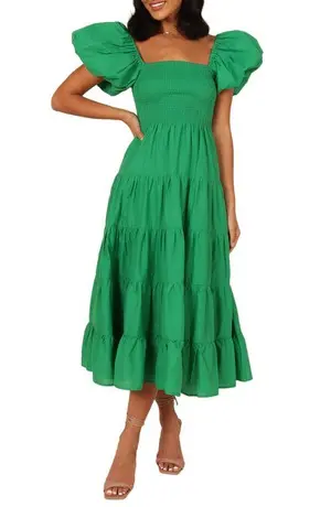 PETAL & PUP Annette Puff Sleeve Midi A-line Dress - Green