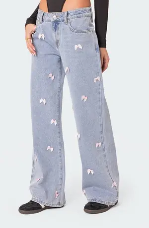 EDIKTED Lucille Bow Wide Leg Jeans