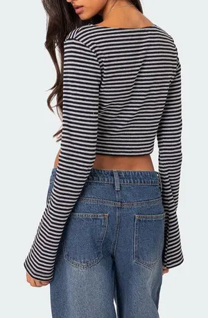 EDIKTED Charlee Stripe Crop Top - Gray