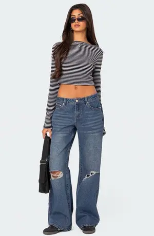 EDIKTED Charlee Stripe Crop Top - Gray