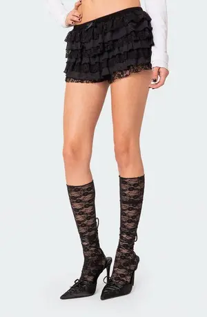 EDIKTED Layered Ruffle Lace Shorts - Black