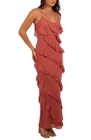 PETAL & PUP Ciao Ruffle Chiffon Gown - Dark Pink