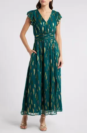 CIEBON Jennsen Metallic Flutter Sleeve Maxi Dress