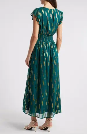 CIEBON Jennsen Metallic Flutter Sleeve Maxi Dress