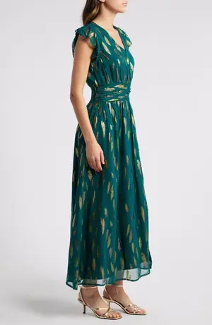 CIEBON Jennsen Metallic Flutter Sleeve Maxi Dress