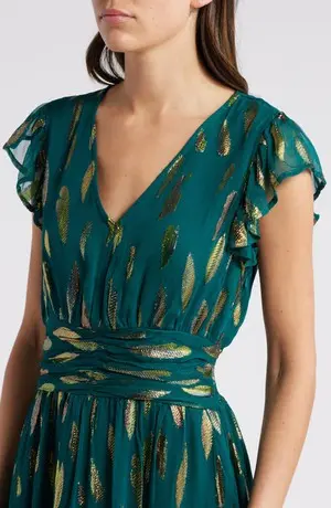 CIEBON Jennsen Metallic Flutter Sleeve Maxi Dress