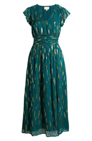 CIEBON Jennsen Metallic Flutter Sleeve Maxi Dress