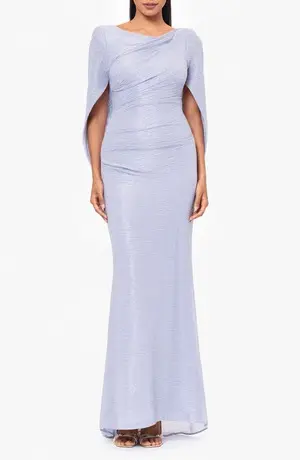 Betsy & Adam Metallic Crinkle Cape Sleeve Trumpet Gown - Blue/silver